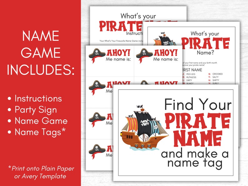 What's Your Pirate Name Game With Sign and Name Tags, Pirate Birthday ...