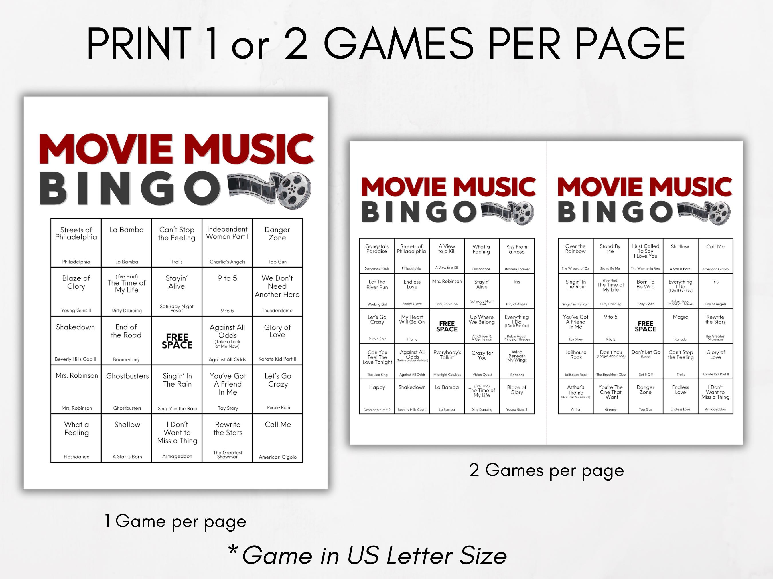 Movie Music Bingo, Movie Soundtrack Songs Game, Music Bingo With ...