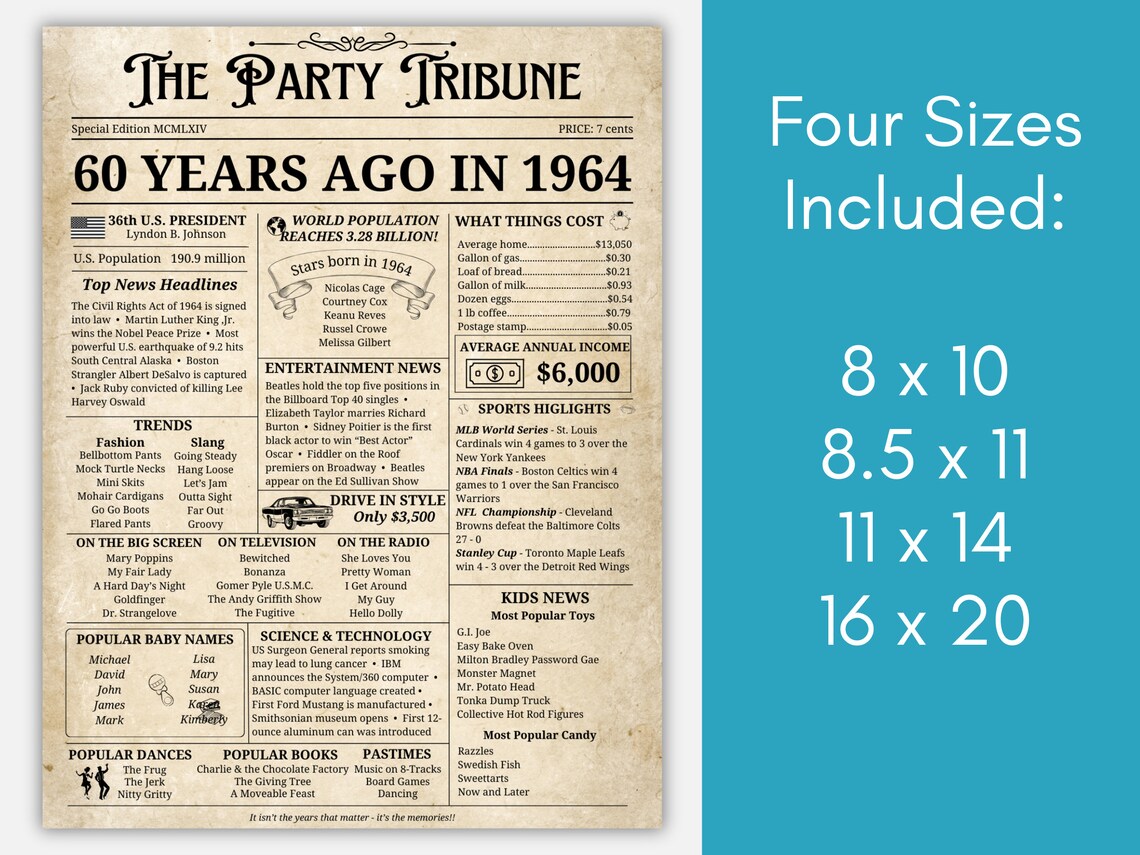 1964 Birthday Poster, 60th Birthday Newspaper, 1964 Newspaper Sign ...
