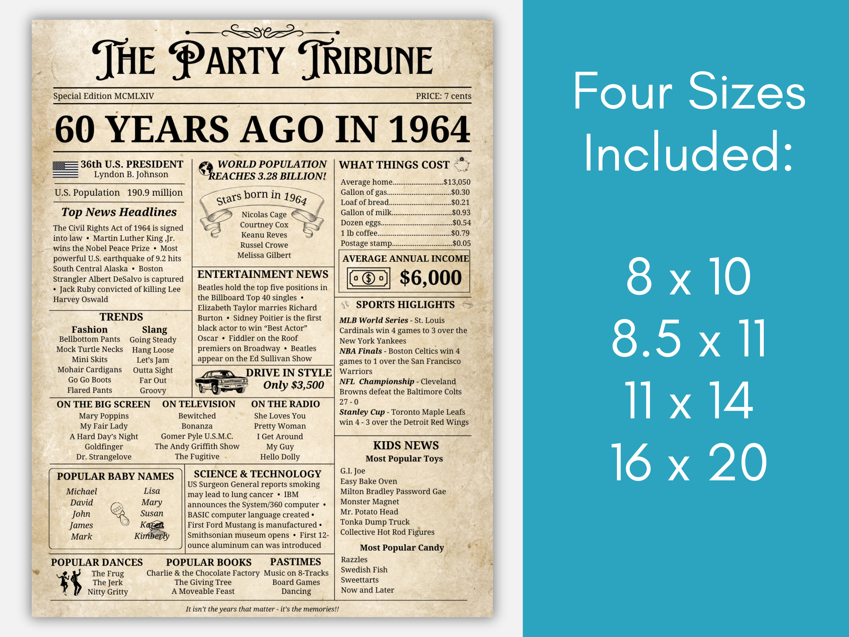 1964 Birthday Poster, 60th Birthday Newspaper, 1964 Newspaper Sign ...