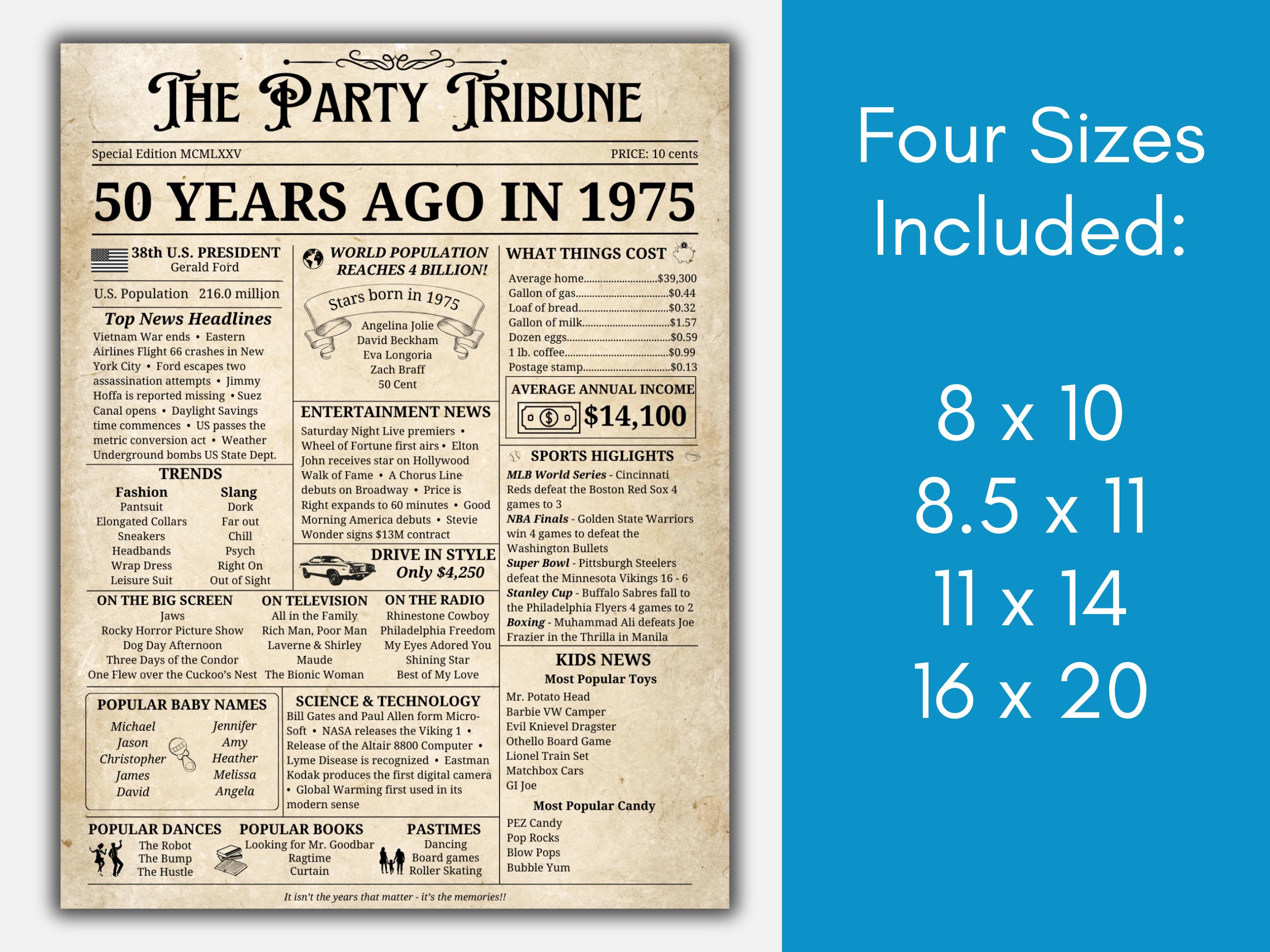 1975 Birthday Newspaper, 1975 Birthday Poster, 50th Birthday Newspaper ...