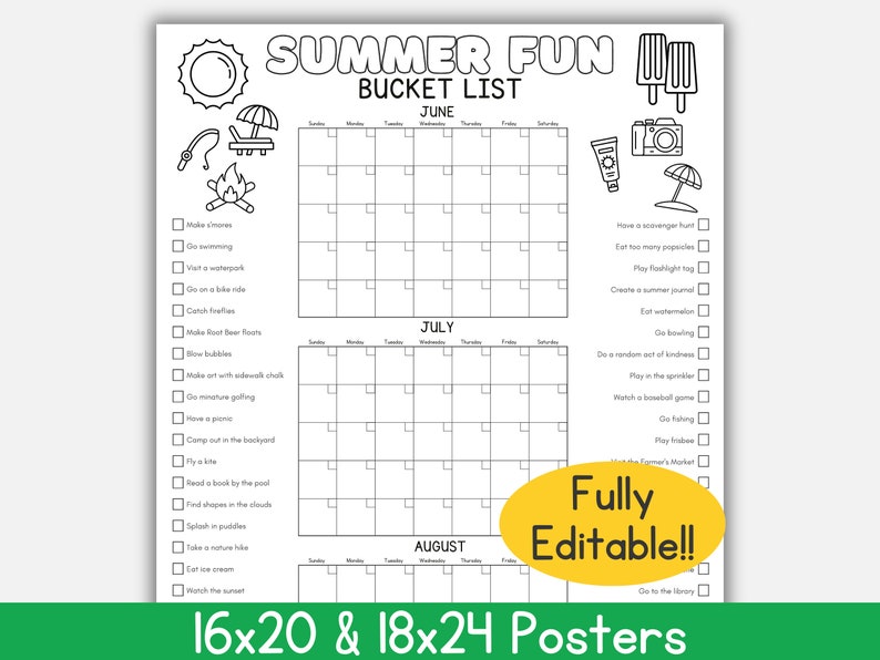 Printable Summer Calendar Poster, Summer Bucket List, Summer of Fun ...