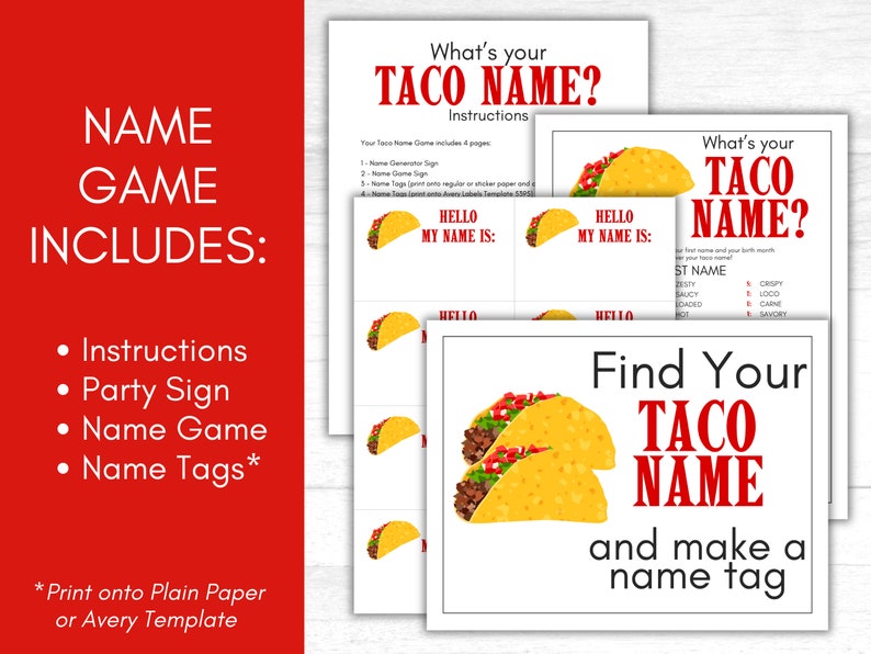What's Your Taco Name Game, Taco Name Game With Sign and Nametags, Taco ...