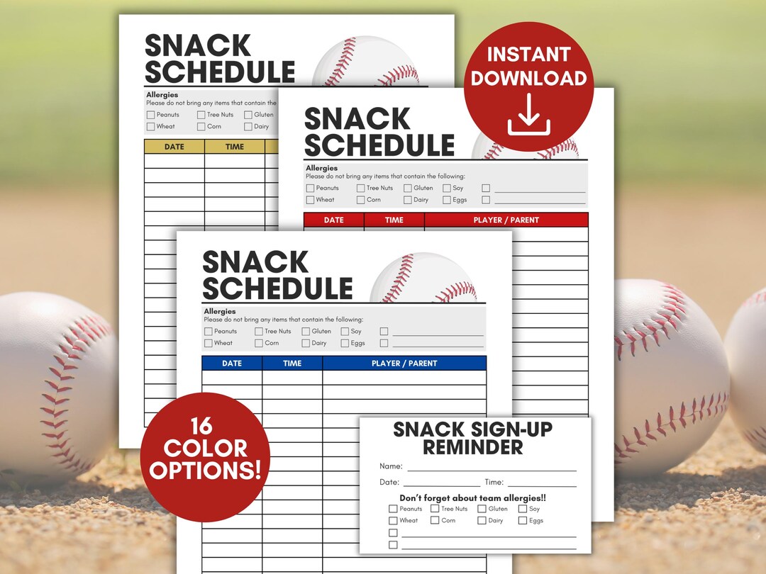 Baseball Snack Schedule, Baseball Snack Signup Sheet, Tball Snack Sign ...