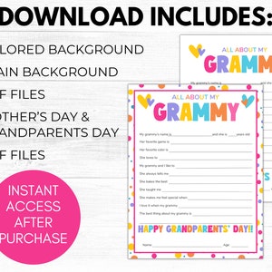 All About My Grammy Printable, Grandma Mother's Day Gift, All About ...