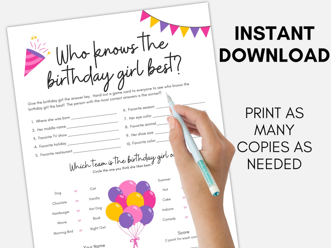 Who Knows the Birthday Girl Best, Birthday Quiz, Birthday Questionnaire ...