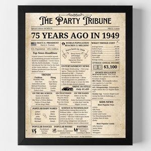 1949 Birthday Poster, 75th Birthday Newspaper, 1949 Newspaper Sign ...