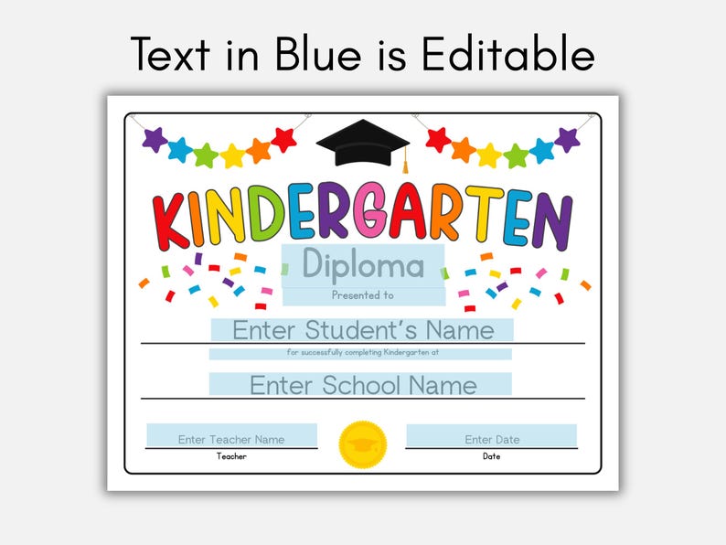 Editable Kindergarten Diploma Template, Kindergarten Graduation Diploma ...