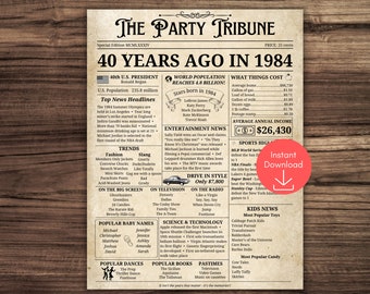 Personalized 1984 40th Birthday Newspaper Back in 1984 Anniversary ...