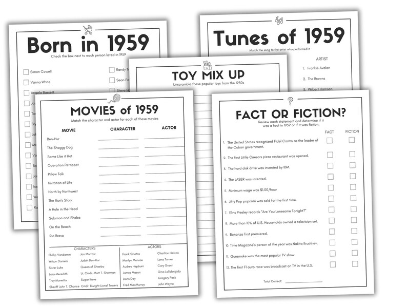 65th Birthday Party Games, Born in 1959 Game, 65th Birthday Games, 1959 ...