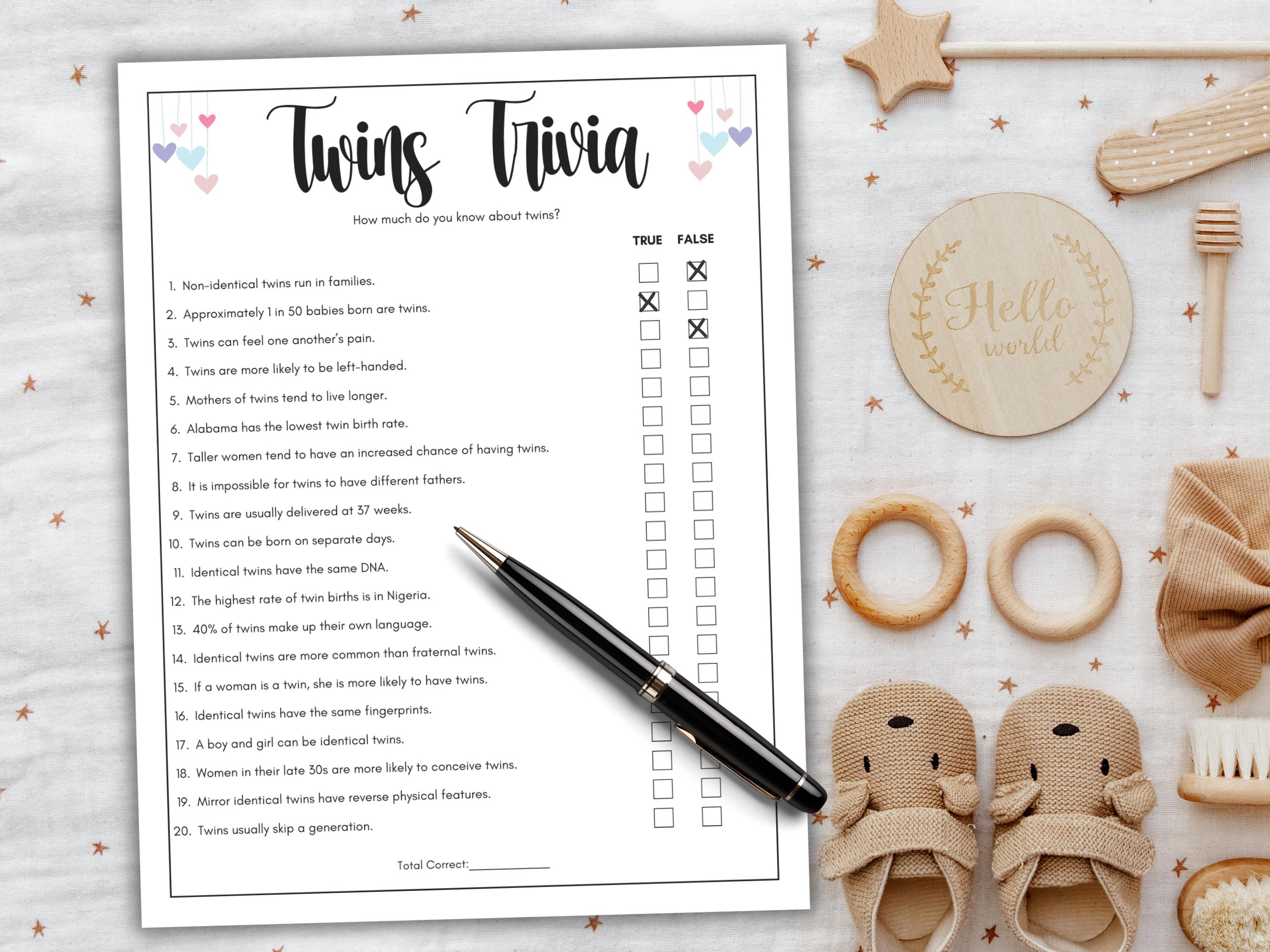 Twins Trivia Game, Twin Baby Shower Game, True False Baby Shower Game ...