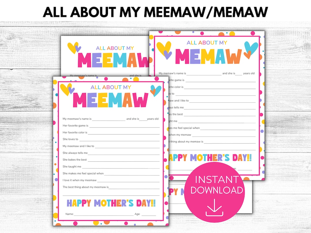 All About My Memaw Printable, All About My Meemaw, Grandma Mother's Day ...