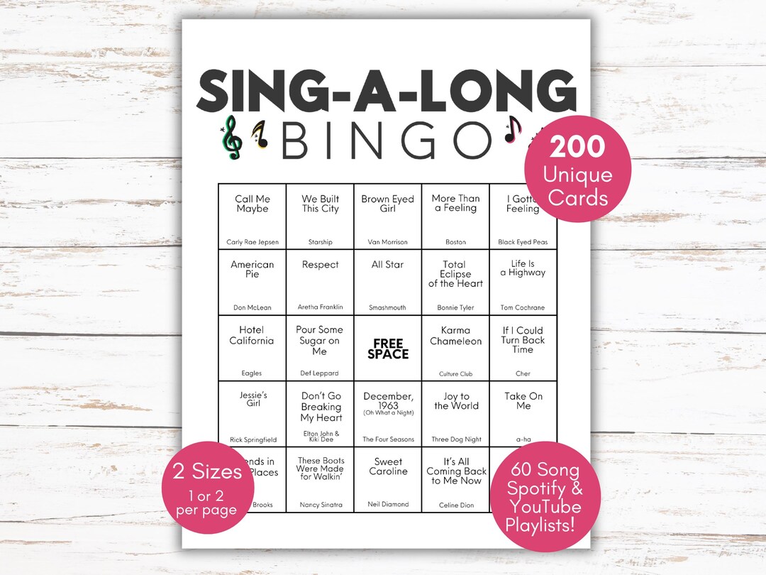 200 Cards Sing-a-long Music Bingo, Singalong Bingo, Music Bingo Cards ...