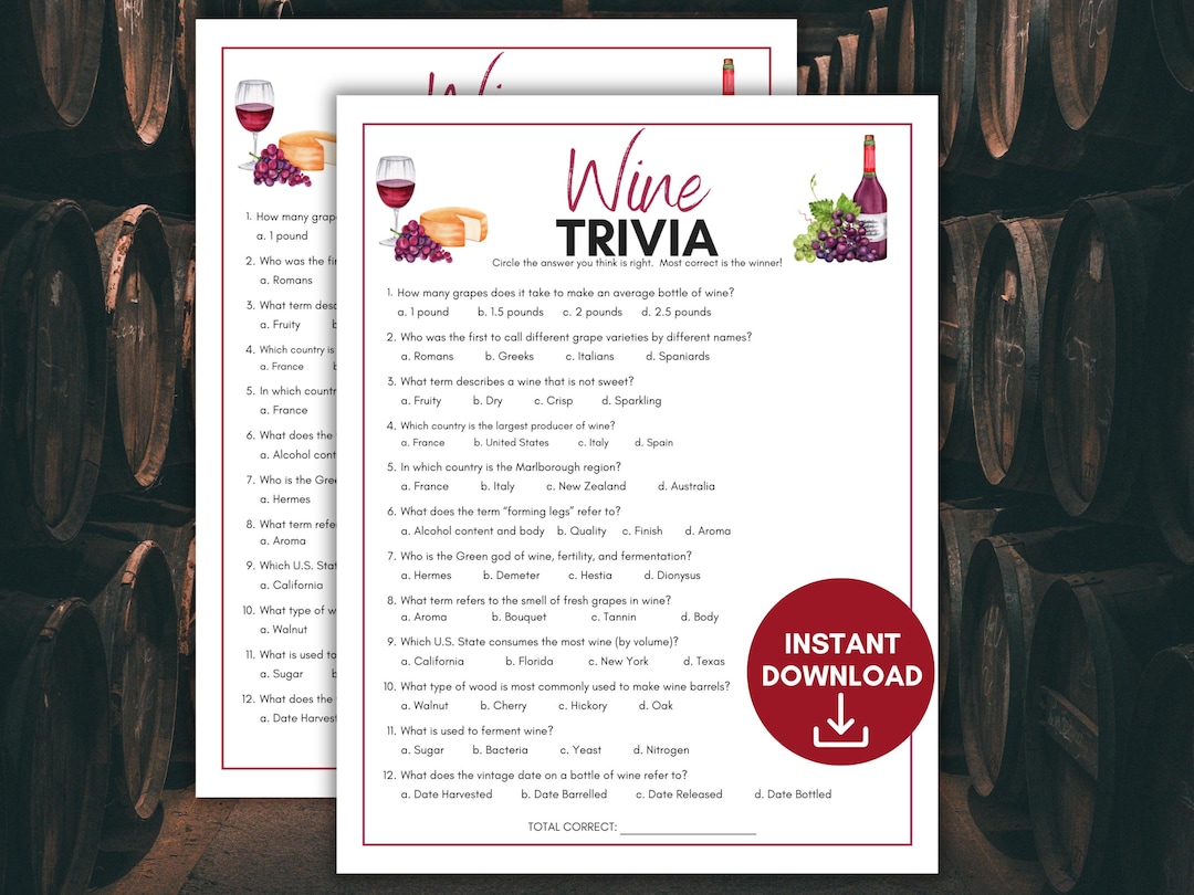 Wine Trivia Game, Printable Wine Tasting Party Game, Wine & Cheese ...
