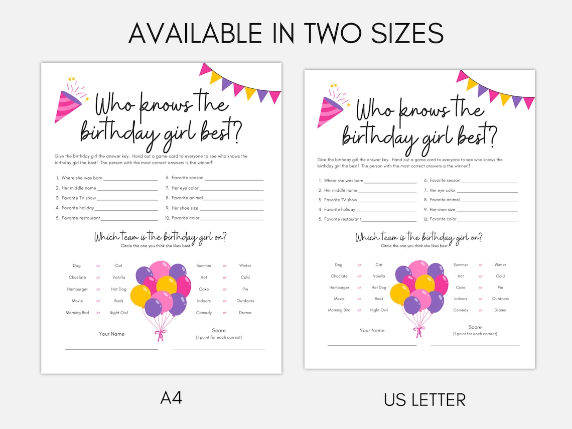 Who Knows the Birthday Girl Best, Birthday Quiz, Birthday Questionnaire ...