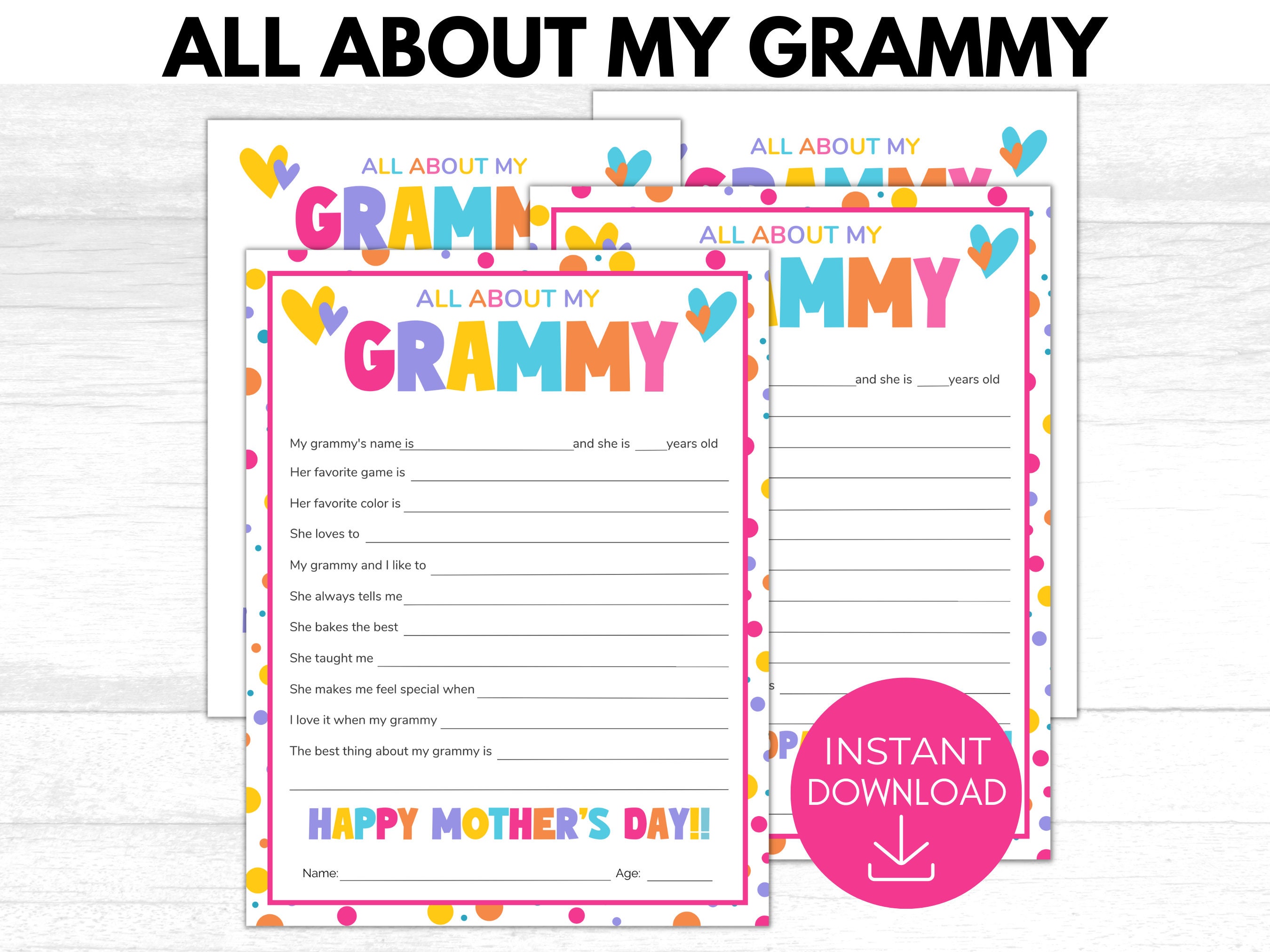 All About My Grammy Printable, Grandma Mother's Day Gift, All About ...