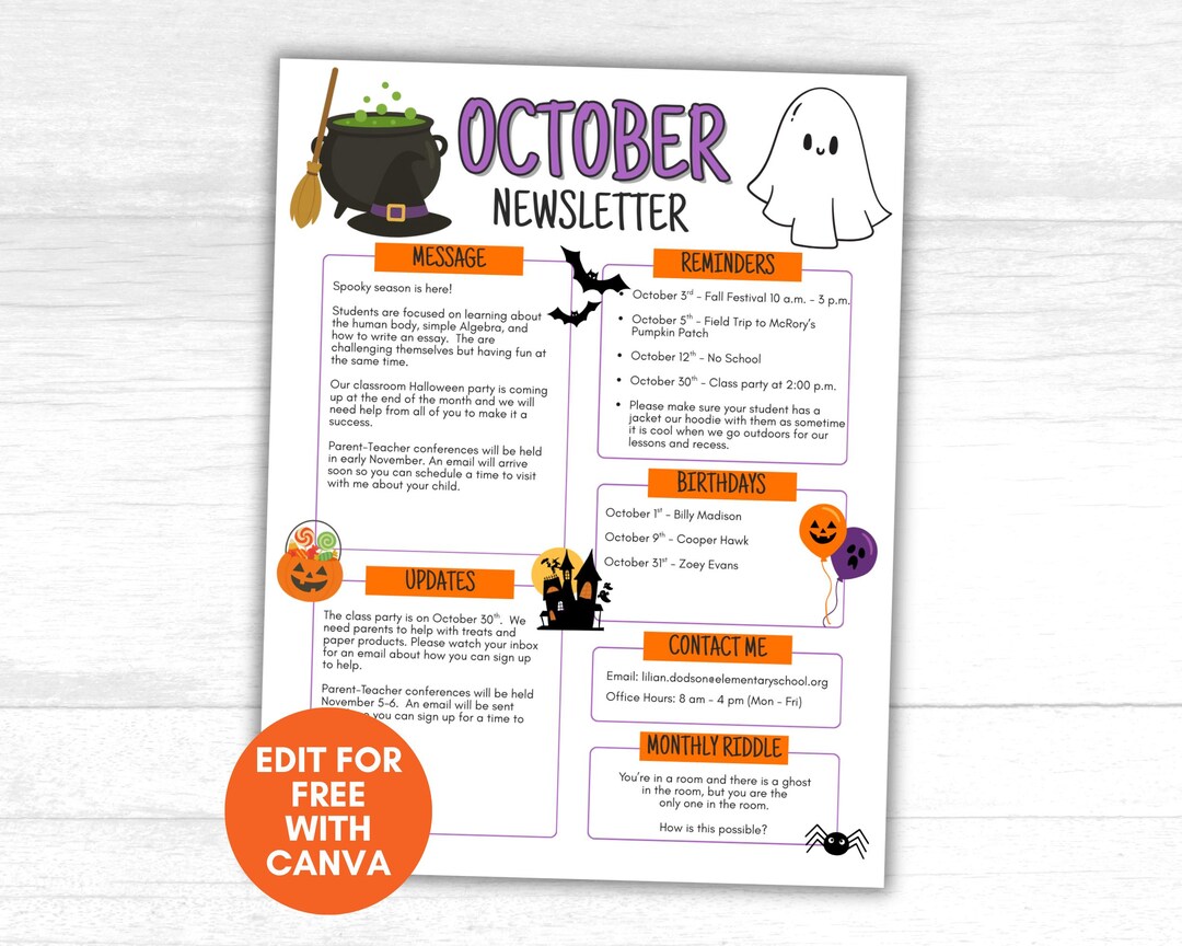 October Classroom Newsletter Template, Halloween Classroom Newsletter ...