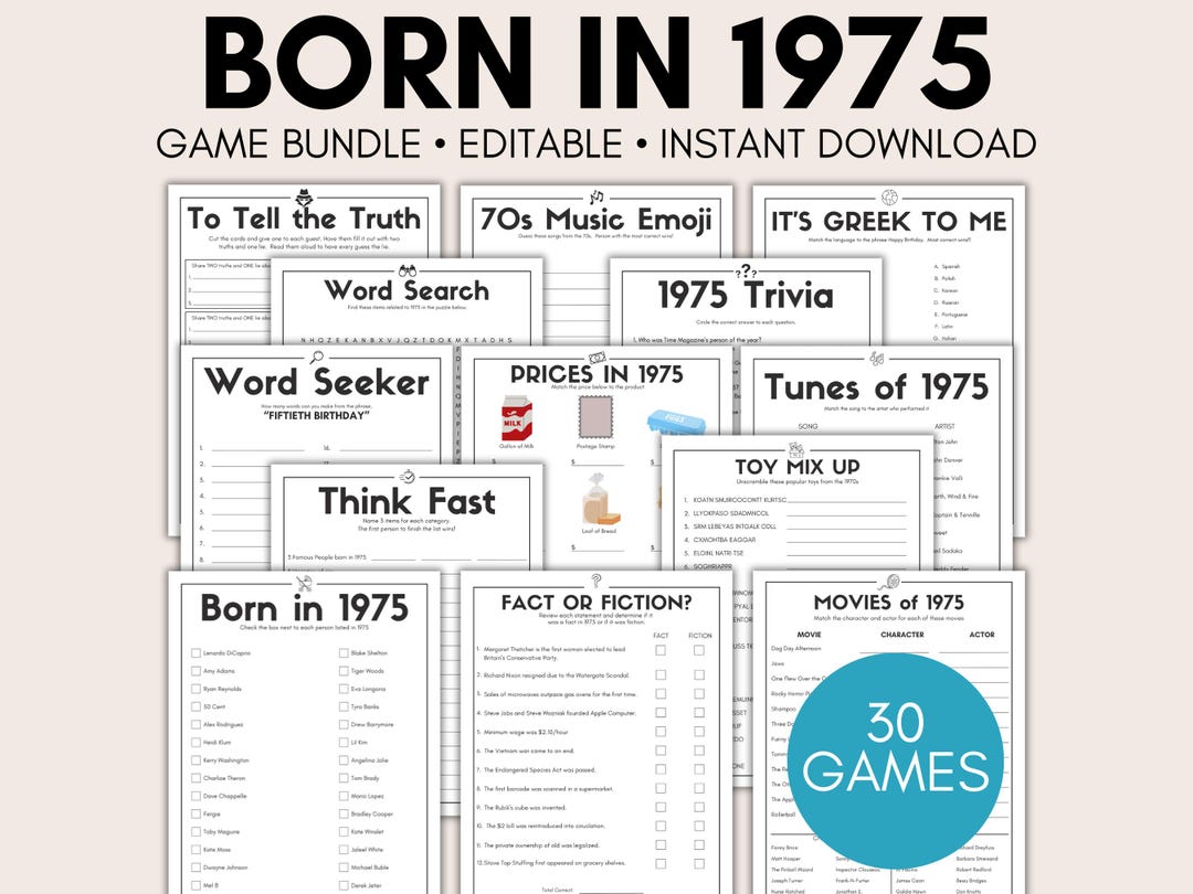 50th Birthday Party Games Bundle, Born in 1975 Games, 50th Birthday ...