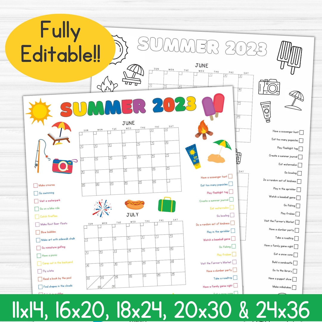 Printable Summer Calendar Poster, Summer Bucket List, Summer of Fun ...