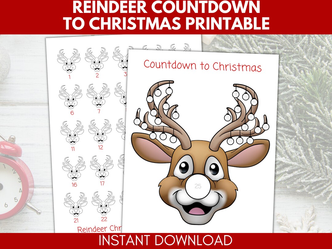 Reindeer Christmas Countdown Printable Coloring Page, Printable Sign ...