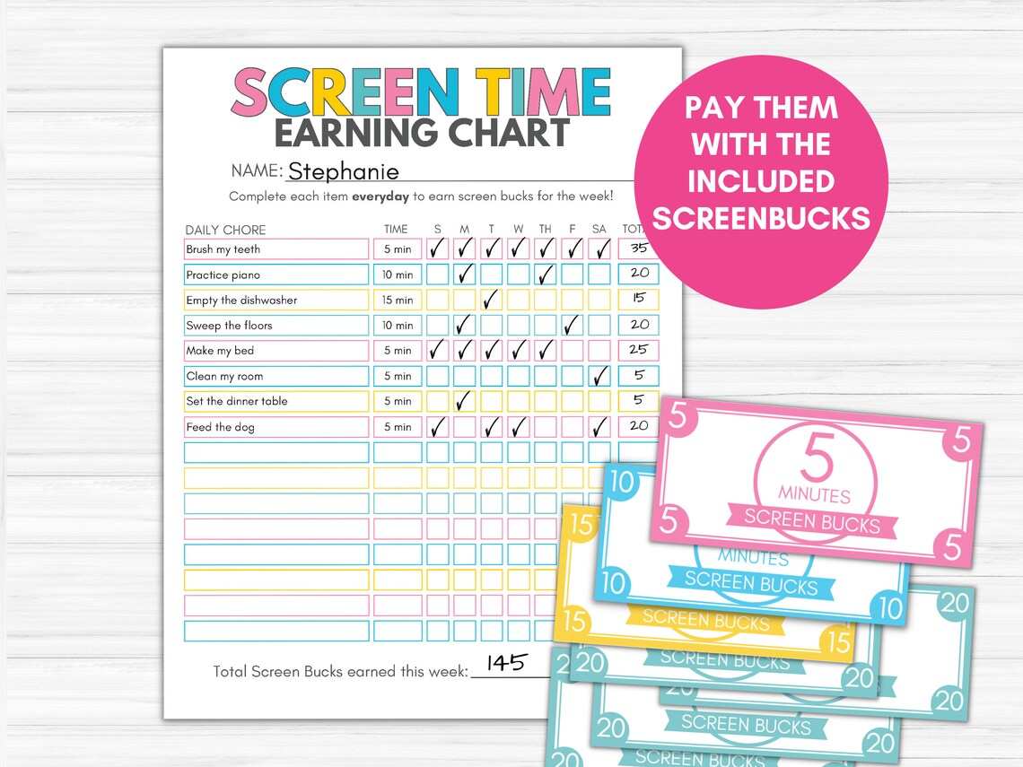 Screen Time Checklist, How to Earn Screen Time, Screenbucks, Kid Chore ...