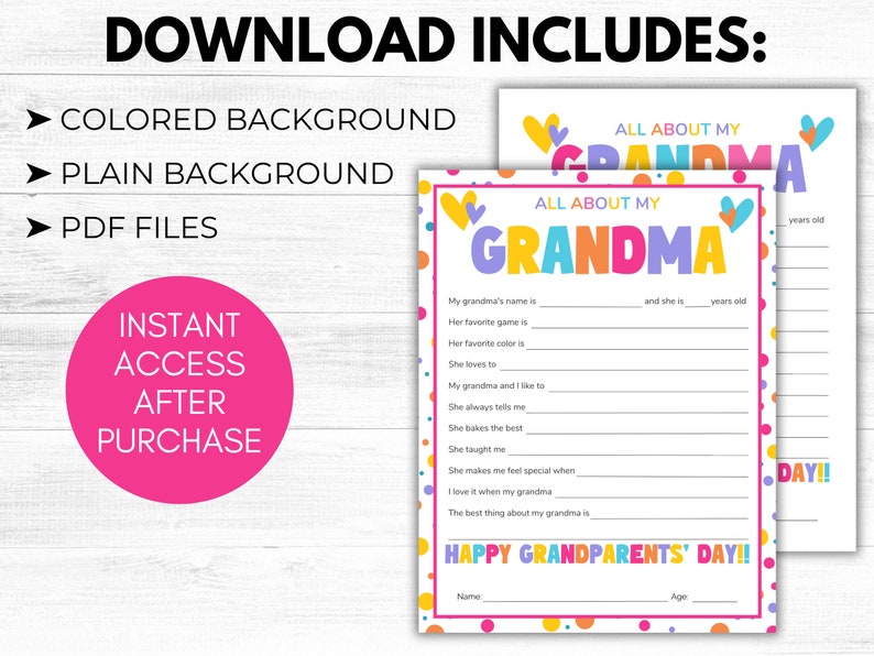 All About My Grandma Printable, Grandparents Day Printable ...