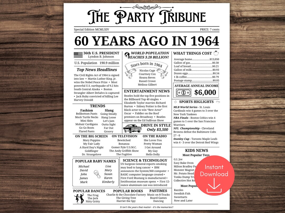 1964 Birthday Poster, 60th Birthday Newspaper, 1964 Newspaper Sign ...