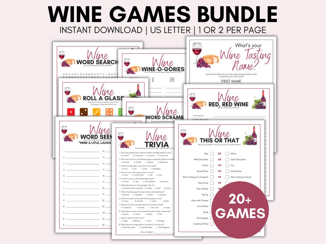 Wine Games Bundle, Wine Trivia Game, Wine Tasting Party Games, Wine ...