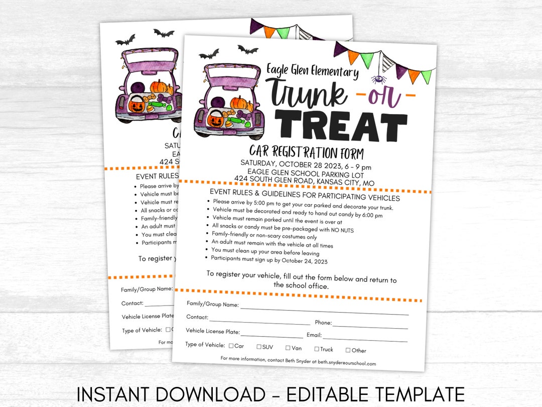 Editable Trunk or Treat Car Registration Form, Trunk or Treat Sign up Sheet, Halloween Event ...