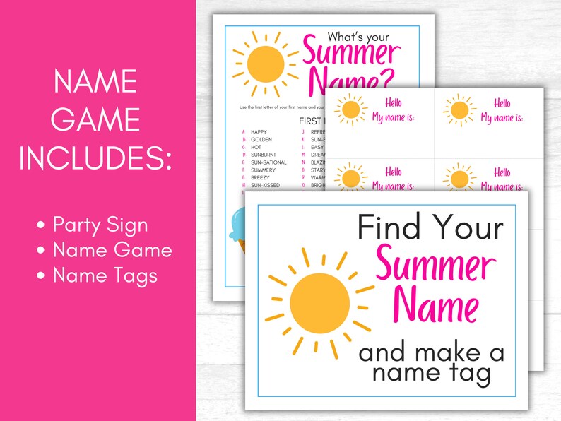 What's Your Summer Name Game With Sign and Name Tags, Summer Name ...