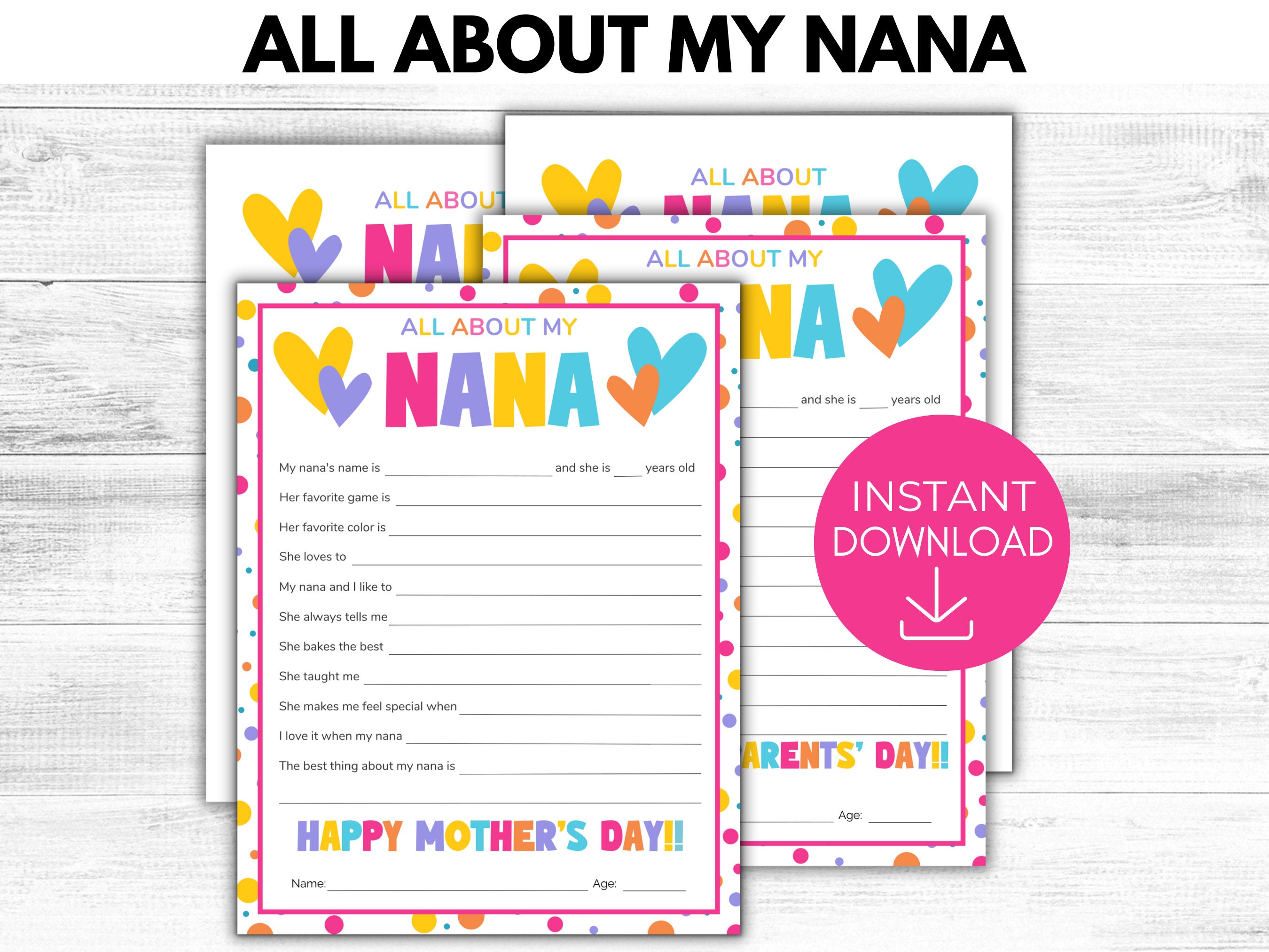 All About My Nana Printable, Grandma Mother's Day Gift, All About ...