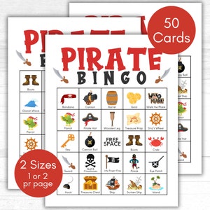 Pirate Bingo, 50 Printable Pirate Bingo Cards, Pirate Birthday Party ...