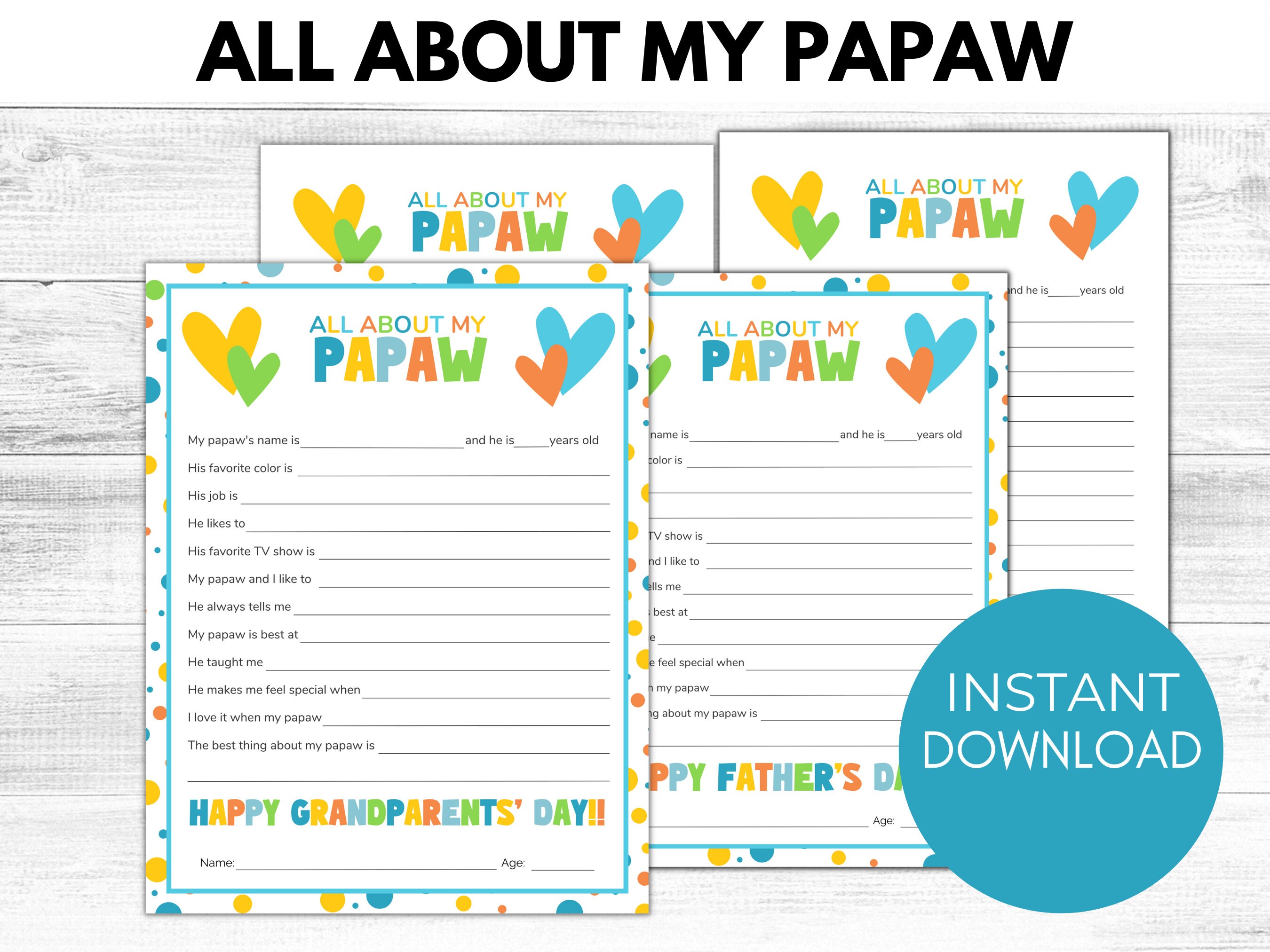 All About My Papaw Printable, Grandpa Father's Day Gift, All About ...