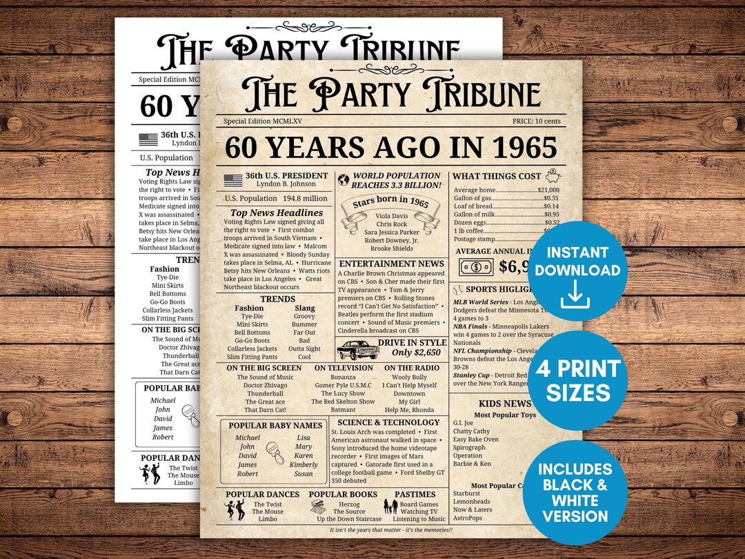 1965 Birthday Poster, 60th Birthday Newspaper, 1965 Newspaper Sign ...