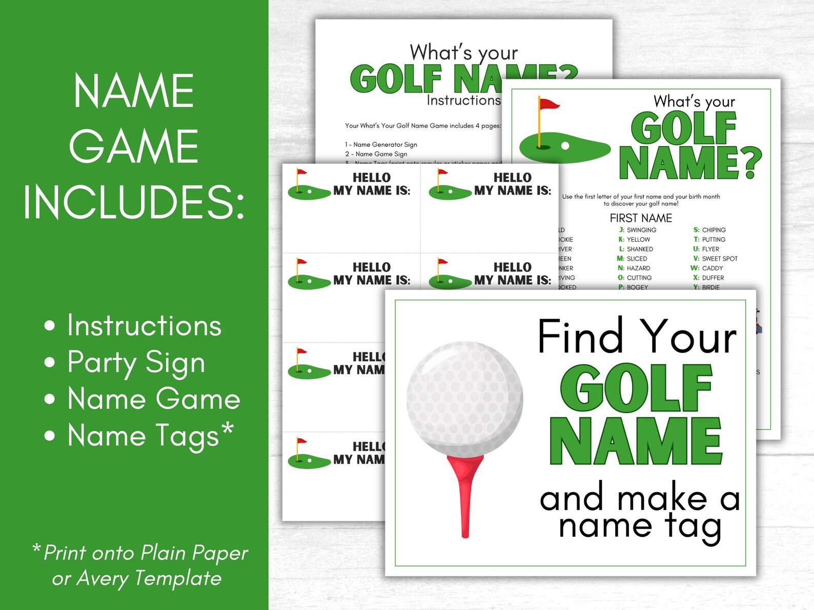What's Your Golf Name Game With Sign and Name Tags, Golf Birthday Game ...