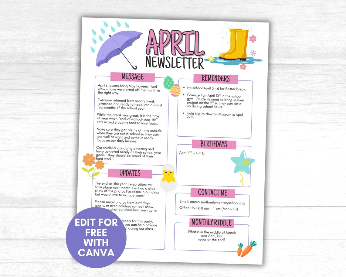 April Classroom Newsletter Template, Easter Classroom Newsletter ...