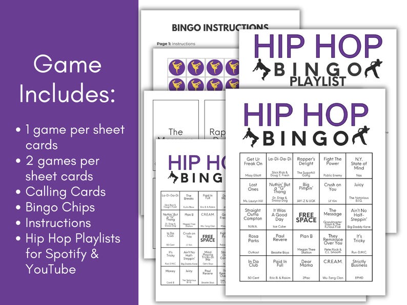 Hip Hop Bingo, Hip Hop Music Bingo, R&B Hip Hop Music Hits, Rap Music ...