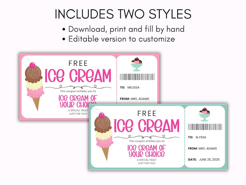 Printable Ice Cream Coupons, Ice Cream Voucher, Editable Ice Cream ...
