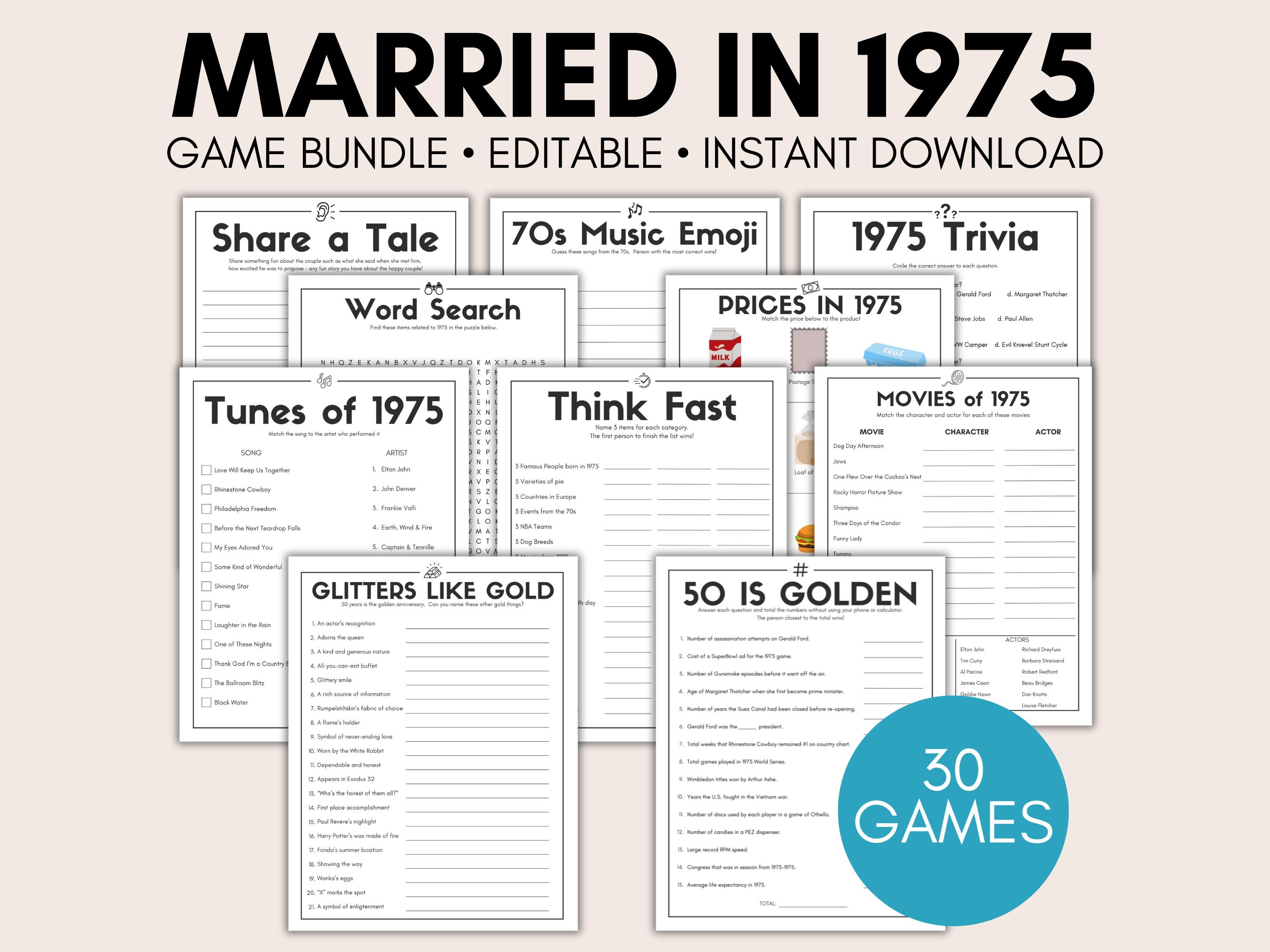 50th Anniversary Game Bundle, Married in 1975 Games, 50th Wedding ...
