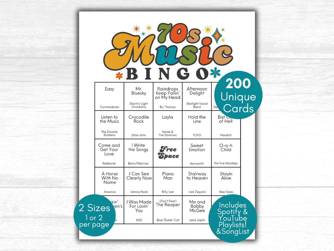 70s Music Bingo, 1970s Game, Music Bingo Game, 70s Party, 70s Party ...