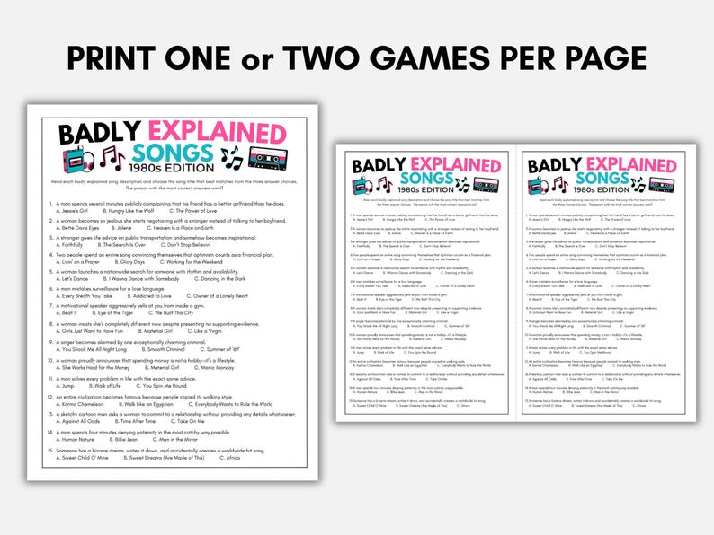 80s Badly Explained Songs Game, 80s Music Trivia, 1980s Activity ...