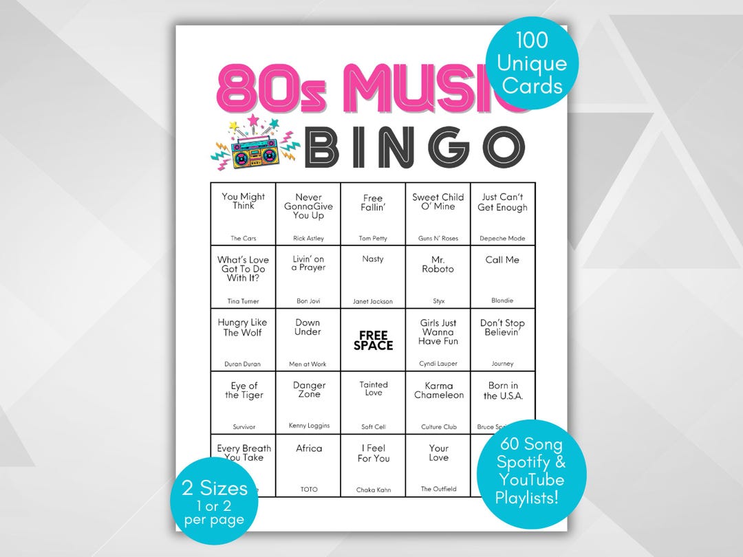 80s Music Bingo, 80s Songs Bingo, Totally 80s Game, 80s Party Game, 100 ...