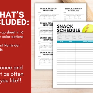 Softball Snack Schedule, Softball Snack Sign up Sheet Template, Tball ...