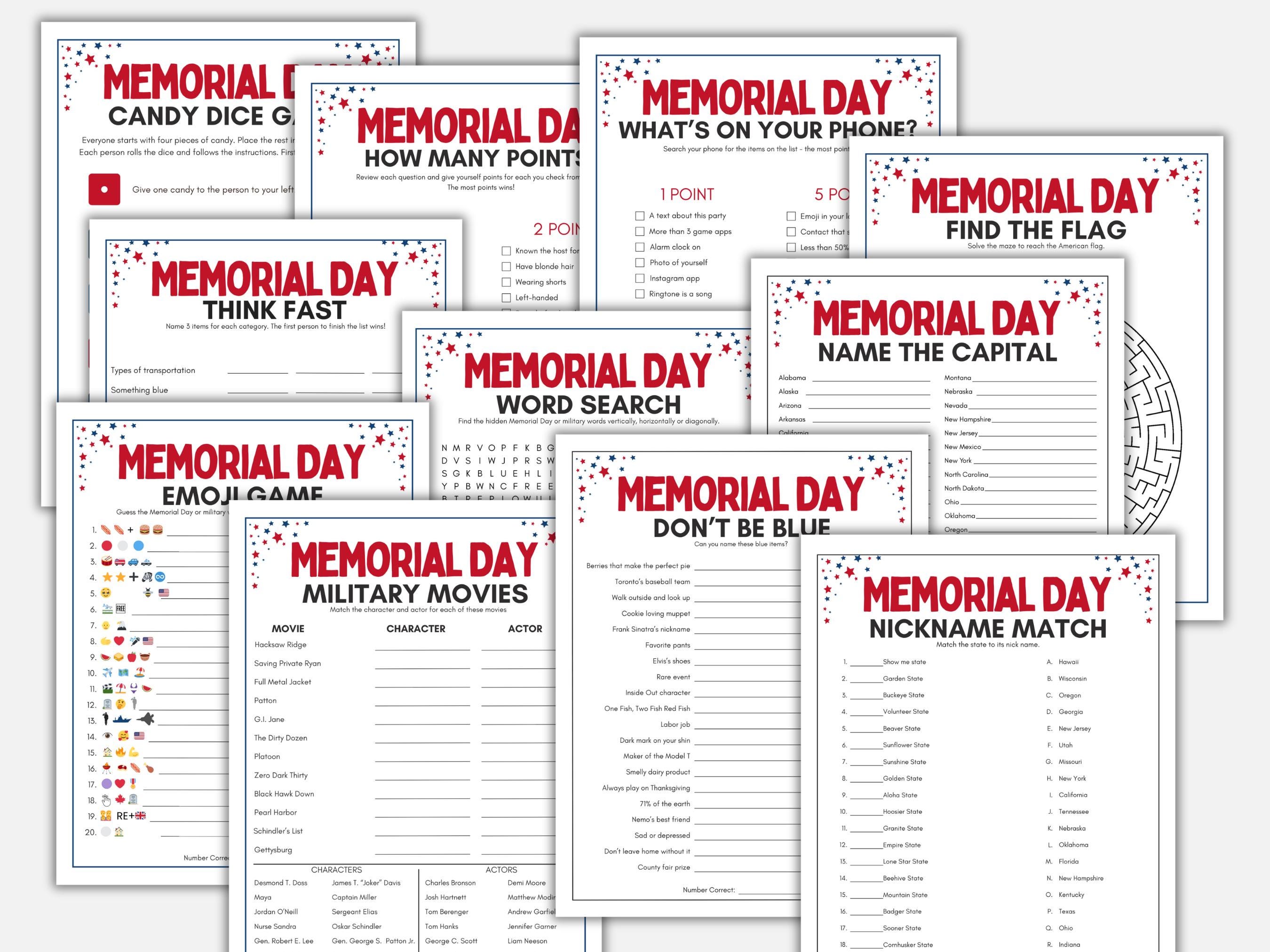 Memorial Day Games Bundle, Printable Patriotic Games, Memorial Day ...
