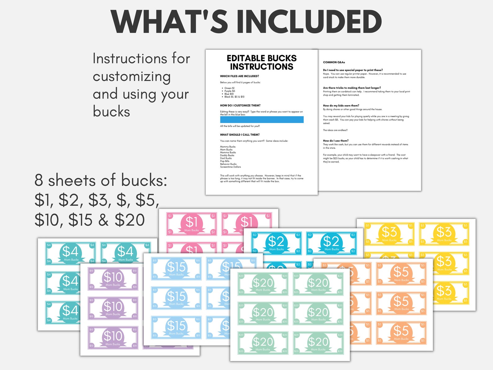 Editable Reward Bucks Printable, Behavior Bucks, Mom Bucks Daddy Bucks ...