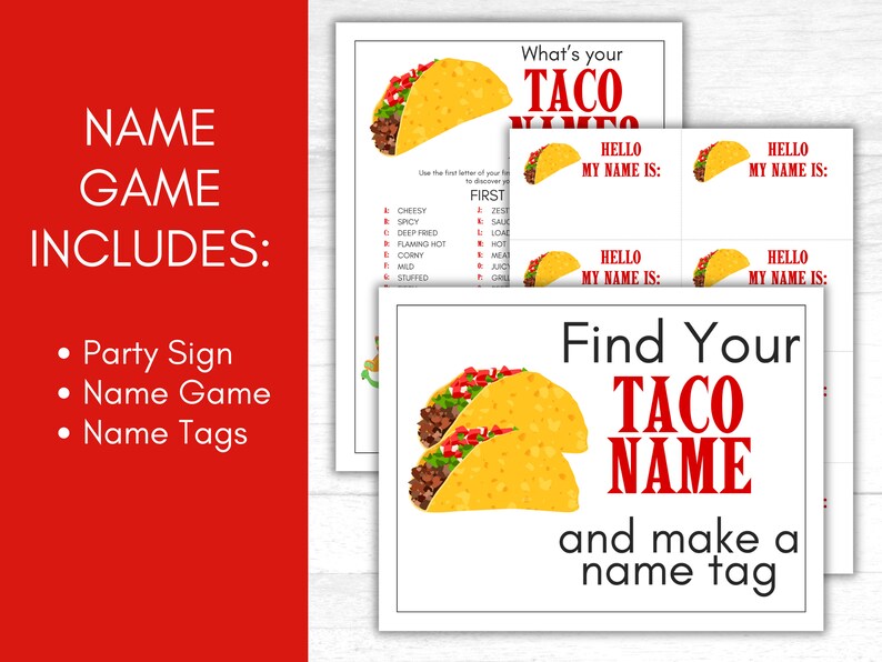 What's Your Taco Name Game, Taco Name Game With Sign and Nametags, Taco ...