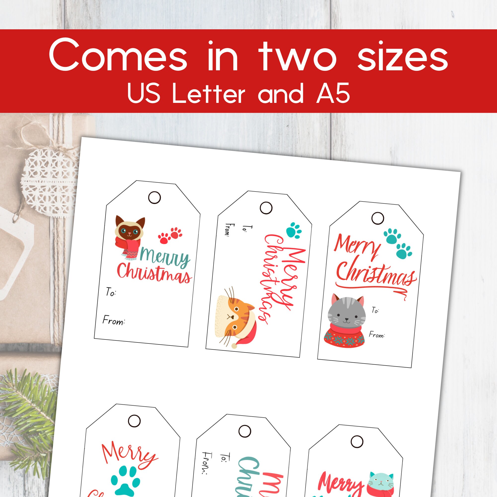 Printable Christmas Cat Gift Tags, Kitty Cat Gift Tags, Cat Lover Gift ...