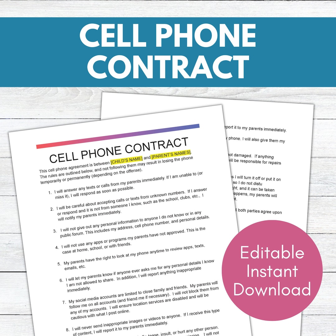 Kid/teen Cell Phone Contract Printable Download, Technology Screen ...