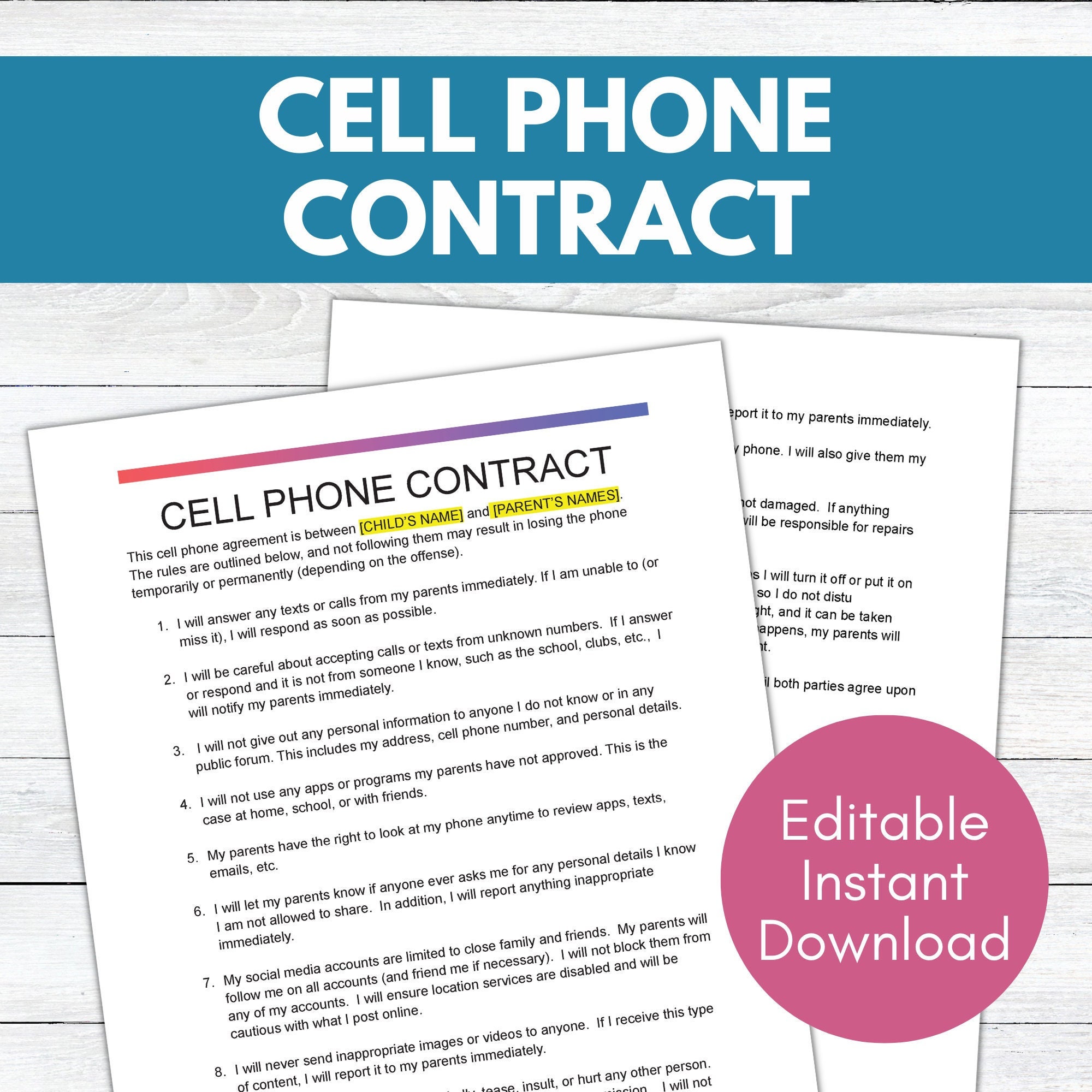 Kid/teen Cell Phone Contract Printable Download, Technology Screen ...