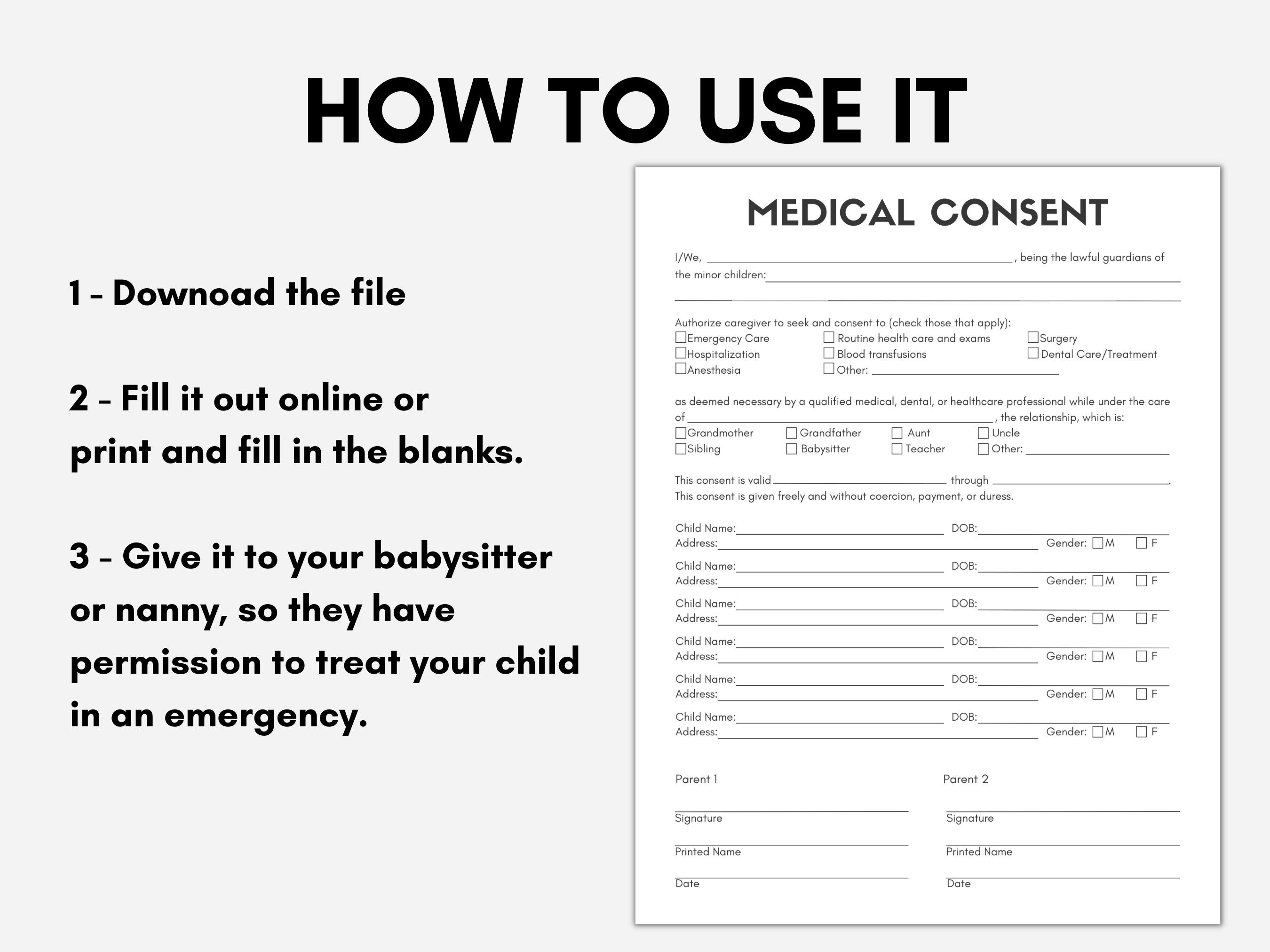Child Medical Consent Form, in Case of Emergency, Childcare Planner ...